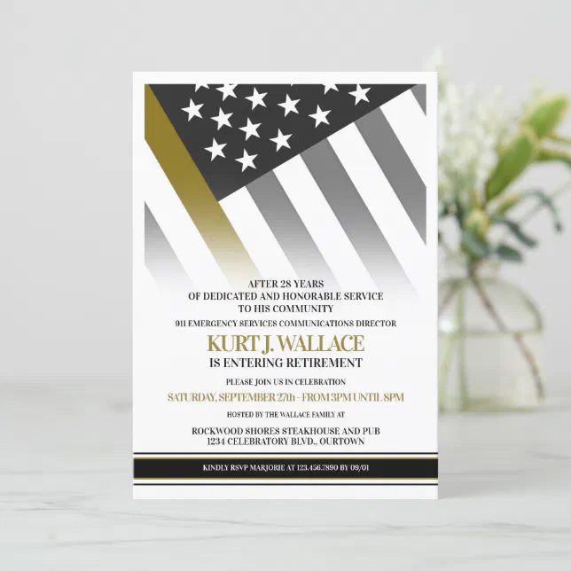 911 Dispatch Thin Gold Line Flag Retirement Party Invitation | Zazzle