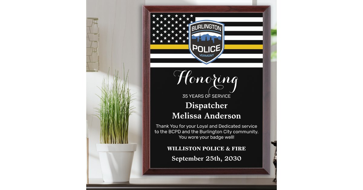 911 Dispatcher Retirement Custom Thin Gold Line Award Plaque | Zazzle