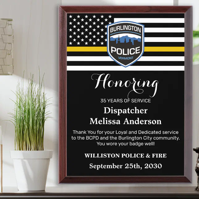 911 Dispatcher Retirement Custom Thin Gold Line Award Plaque | Zazzle