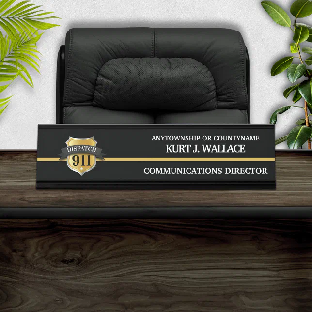 911 Dispatcher Thin Gold Line Shield Name Plate | Zazzle