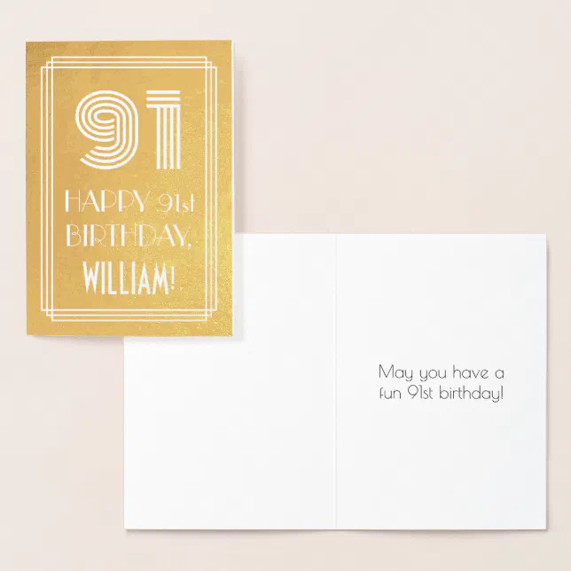 91st Birthday – Art Deco Inspired Look "91" + Name Foil Card | Zazzle