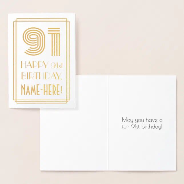 91st Birthday - Art Deco Inspired Look "91" & Name Foil Card | Zazzle