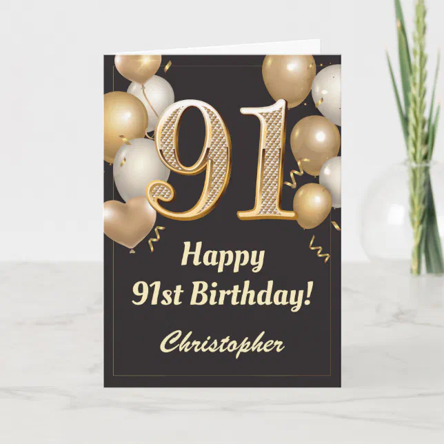 91st Birthday Black and Gold Balloons Confetti Card | Zazzle