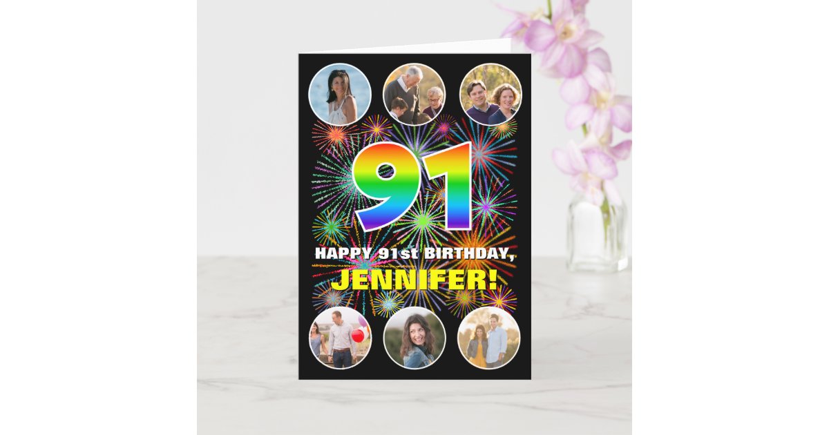 91st Birthday: Fun Rainbow #, Custom Name & Photos Card | Zazzle