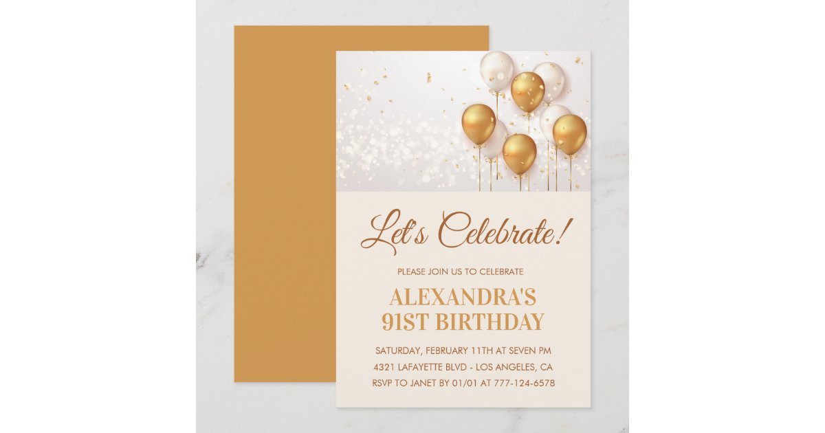 91st birthday invitations Balloons Gold | Zazzle