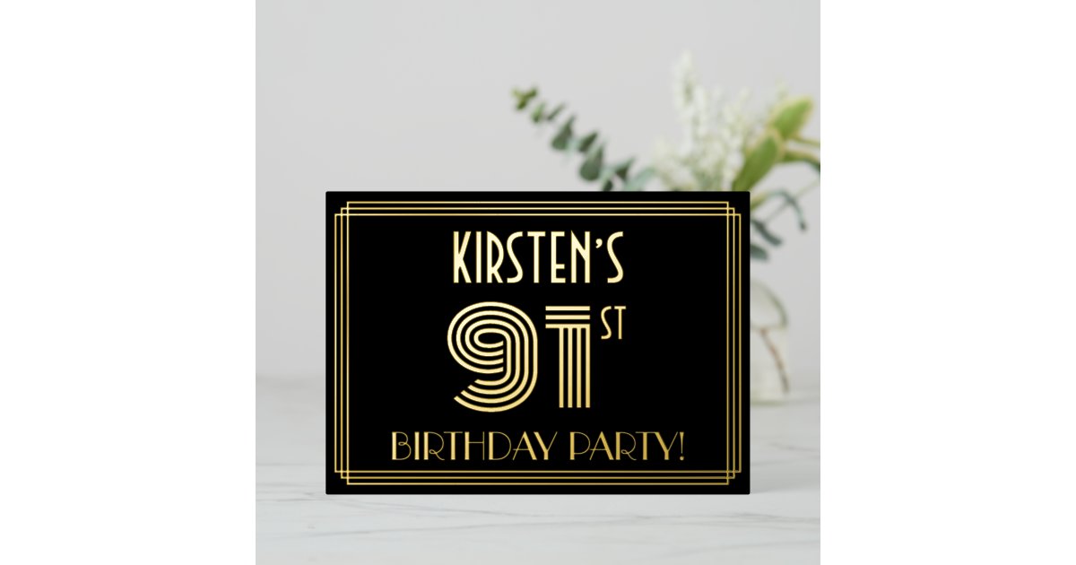 91st Birthday Party — Art Deco Style “91” + Name Foil Invitation | Zazzle