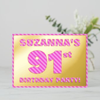 91st Birthday Party — Bold, Fun, Pink Stripes # 91 Foil Invitation | Zazzle