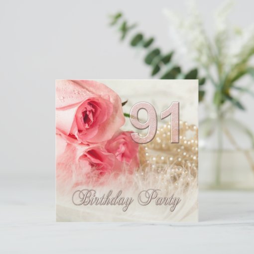 91st Birthday party invitation, roses and pearls Invitation | Zazzle