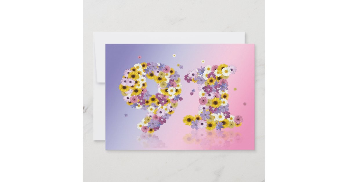 91st Birthday party, with flowered letters Invitation | Zazzle