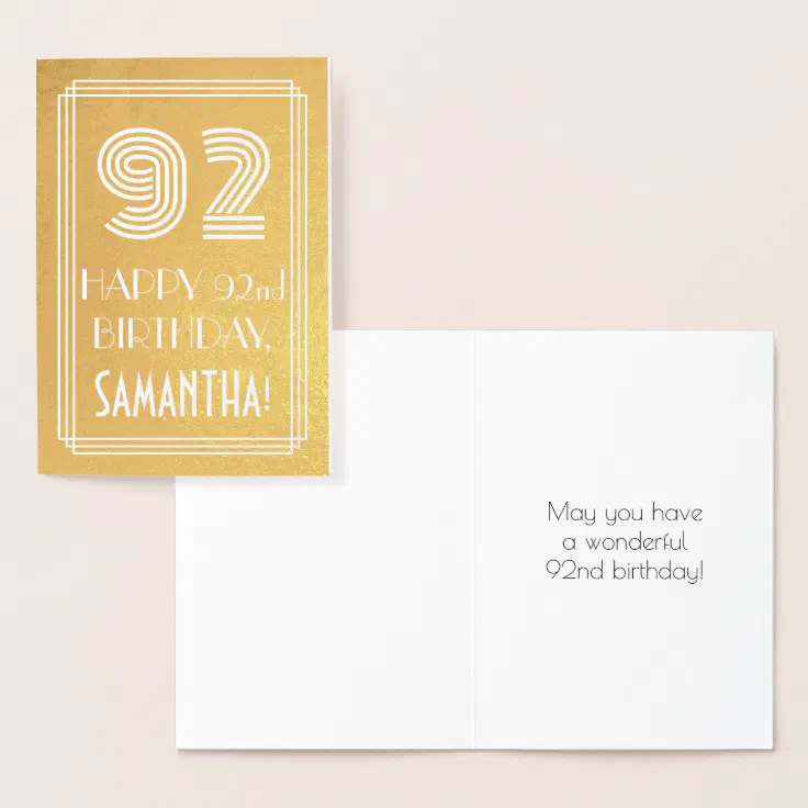 92nd Birthday – Art Deco Inspired Look "92" + Name Foil Card | Zazzle