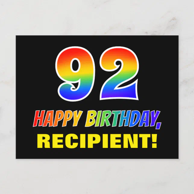 92nd Birthday: Bold, Fun, Simple, Rainbow 92 Postcard | Zazzle