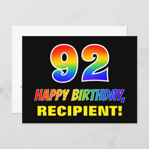 92nd Birthday: Bold, Fun, Simple, Rainbow 92 Postcard | Zazzle