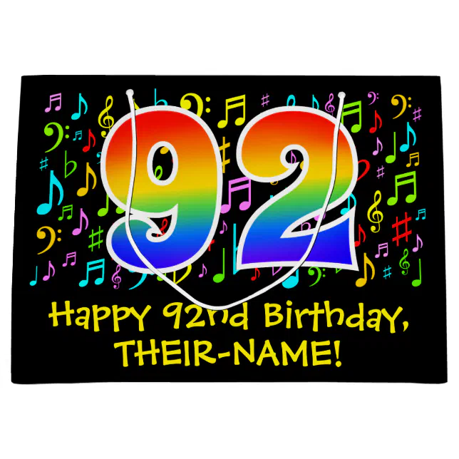 92nd Birthday - Colorful Music Symbols, Rainbow 92 Large Gift Bag | Zazzle