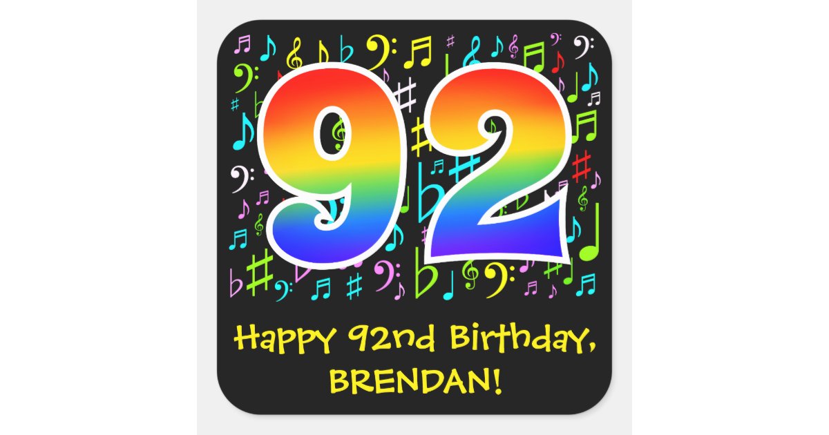92nd Birthday: Colorful Music Symbols, Rainbow 92 Square Sticker | Zazzle