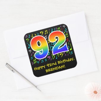 92nd Birthday: Colorful Music Symbols, Rainbow 92 Square Sticker | Zazzle