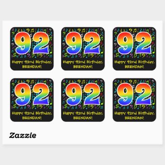 92nd Birthday: Colorful Music Symbols, Rainbow 92 Square Sticker | Zazzle