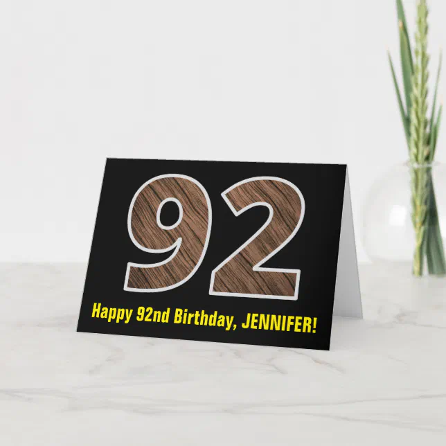 92nd Birthday: Name + Faux Wood Grain Pattern "92" Card | Zazzle