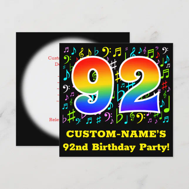 92nd Birthday Party: Fun Music Symbols, Rainbow 92 Invitation | Zazzle