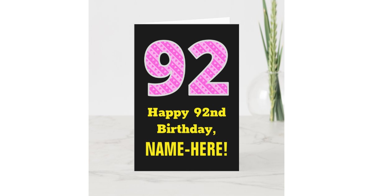 92nd Birthday: Pink Stripes and Hearts "92" + Name Card | Zazzle