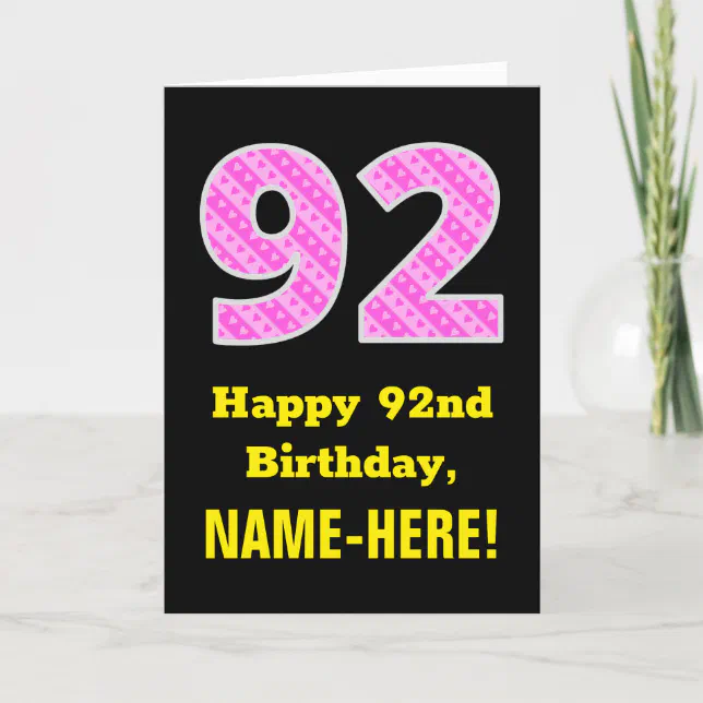 92nd Birthday: Pink Stripes and Hearts "92" + Name Card | Zazzle