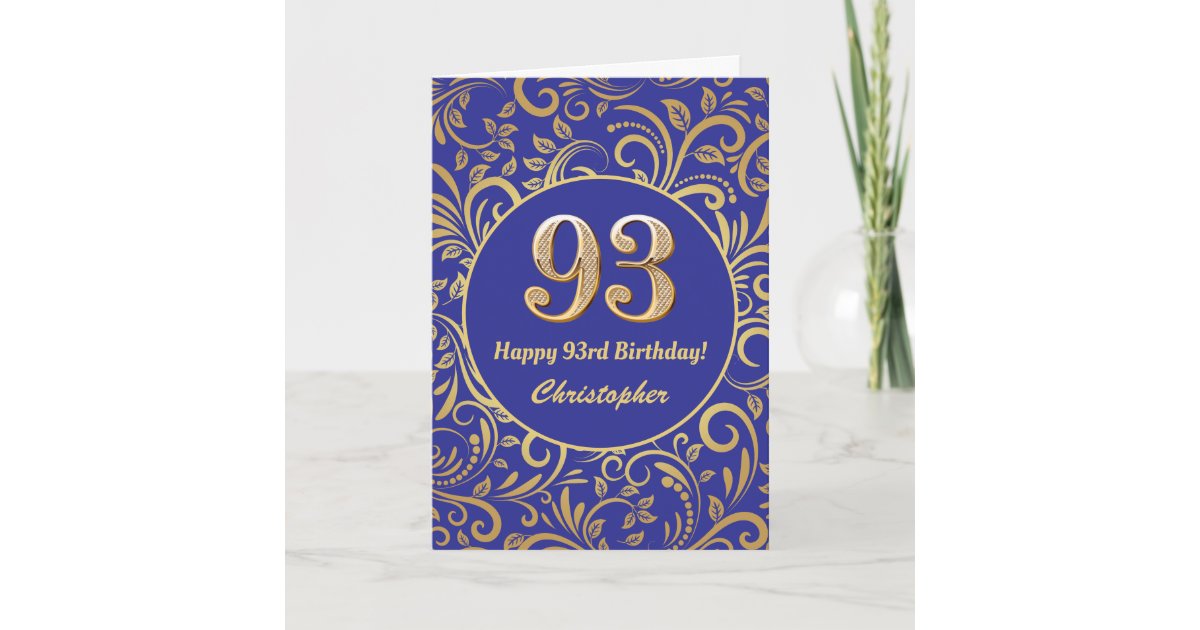 93rd Birthday Navy Blue and Gold Floral Pattern Card | Zazzle