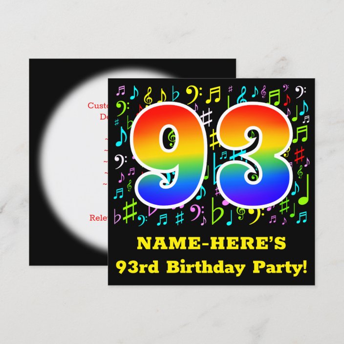 93rd Birthday Party: Fun Music Symbols, Rainbow 93 Invitation | Zazzle.com