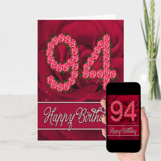 94th birthday card with roses and leaves | Zazzle