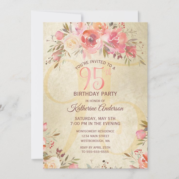 95th Birthday Floral Pink Roses Gold Shimmer Party Invitation | Zazzle