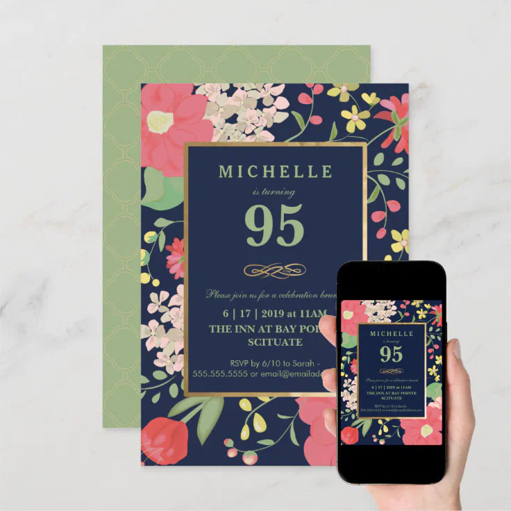 95th Birthday Invitation - Gold, Elegant Floral | Zazzle