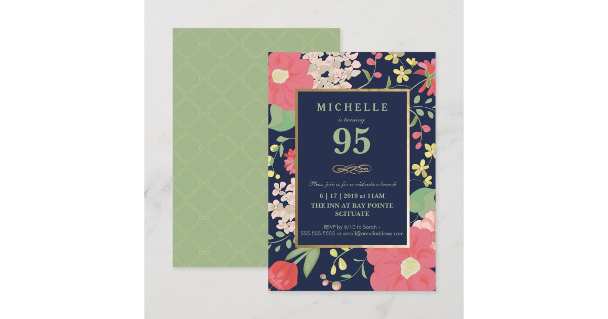95th Birthday Invitation - Gold, Elegant Floral | Zazzle