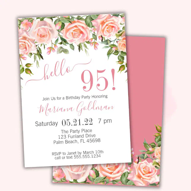 95th Birthday Invitations Pink Floral Modern Party | Zazzle