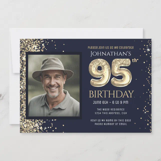 95th Birthday Party Gold Glitter Blue Photo Invitation | Zazzle