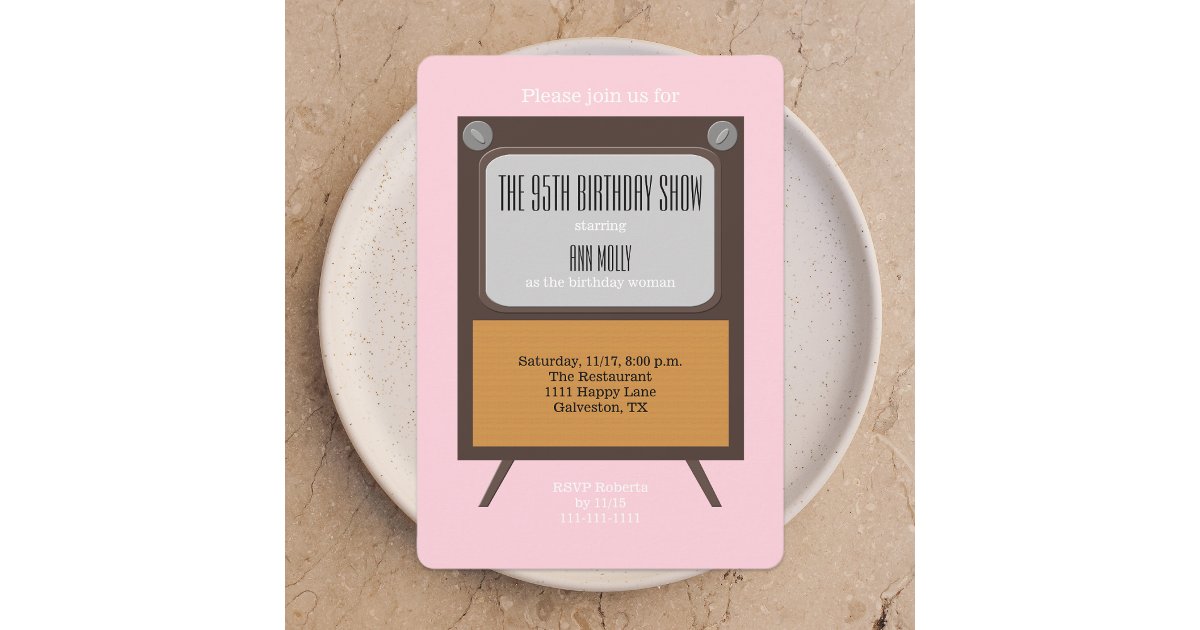 95th Birthday Party Invitation TV on Pink | Zazzle