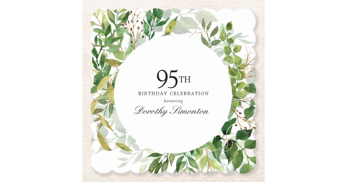 95th Birthday Party Modern Green Botanical Paper Coaster | Zazzle