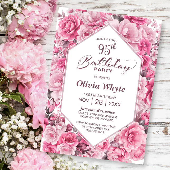95th Birthday Pink Rose Floral Party Invitation | Zazzle