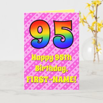 95th Birthday: Pink Stripes & Hearts, Rainbow # 95 Card | Zazzle