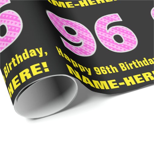 96th Birthday: Pink Stripes and Hearts "96" + Name Wrapping Paper | Zazzle