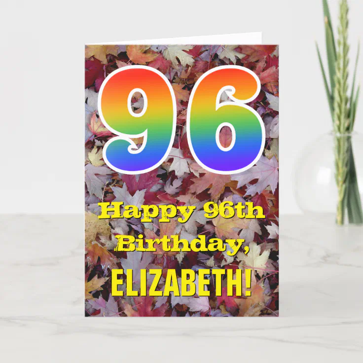 96th Birthday; Rustic Autumn Leaves Rainbow "96" Card | Zazzle