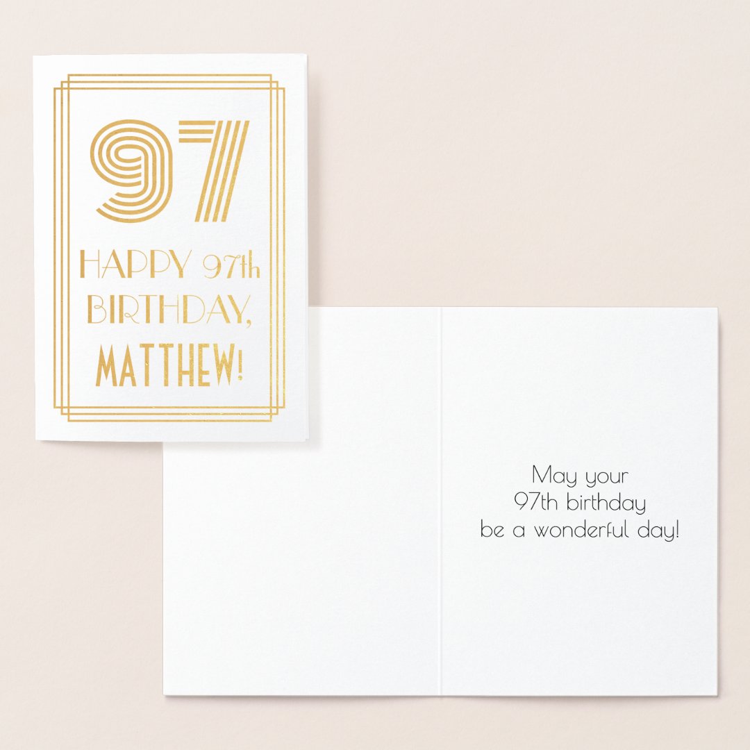 97th Birthday - Art Deco Inspired Look "97" & Name Foil Card | Zazzle