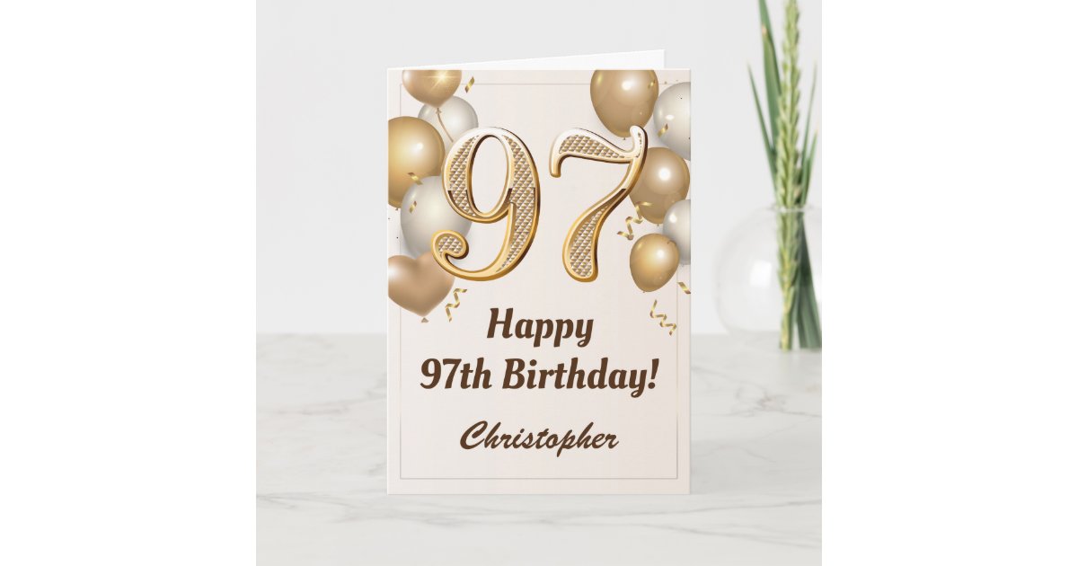 97th Birthday Gold Balloons and Confetti Birthday Card | Zazzle