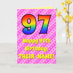 97th Birthday: Pink Stripes & Hearts, Rainbow # 97 Card | Zazzle