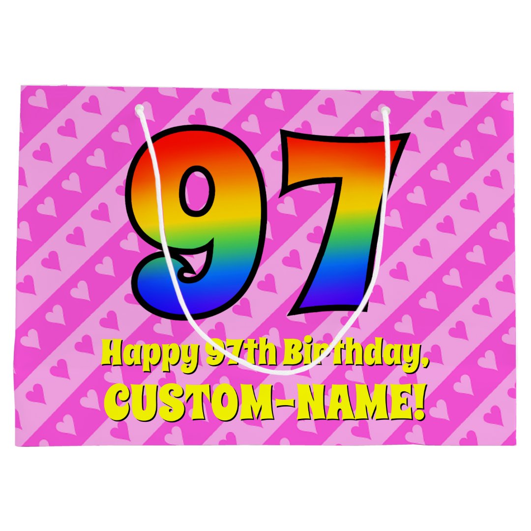 97th Birthday: Pink Stripes & Hearts, Rainbow # 97 Large Gift Bag | Zazzle