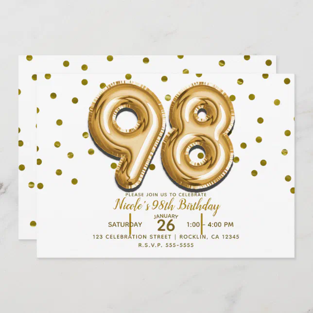 98 Gold Balloons & Confetti 98th Birthday Party Invitation | Zazzle