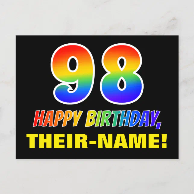 98th Birthday: Bold, Fun, Simple, Rainbow 98 Postcard | Zazzle