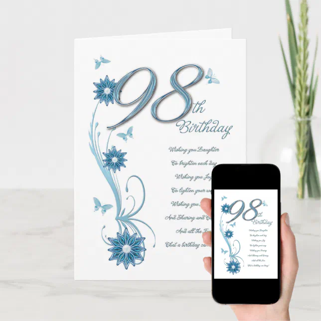 98th birthday in teal with flowers and butterfly card | Zazzle