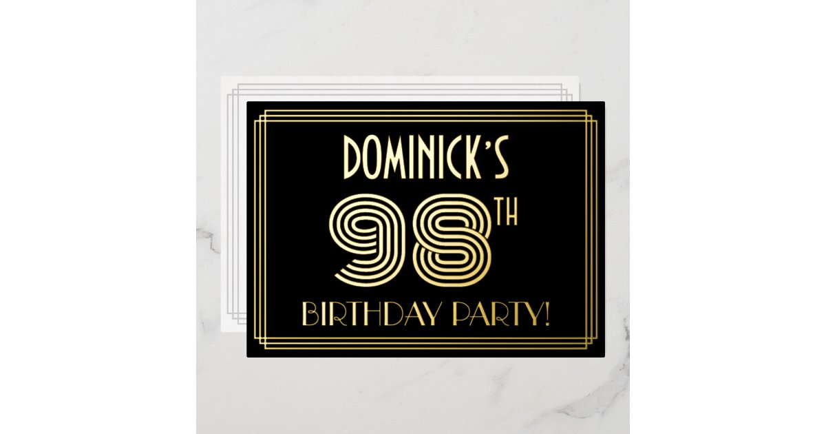98th Birthday Party — Art Deco Style “98” + Name Foil Invitation | Zazzle
