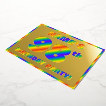 98th Birthday Party — Fun, Rainbow Spectrum “98” Foil Invitation | Zazzle
