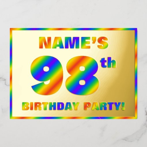 98th Birthday Party — Fun, Rainbow Spectrum “98” Foil Invitation | Zazzle