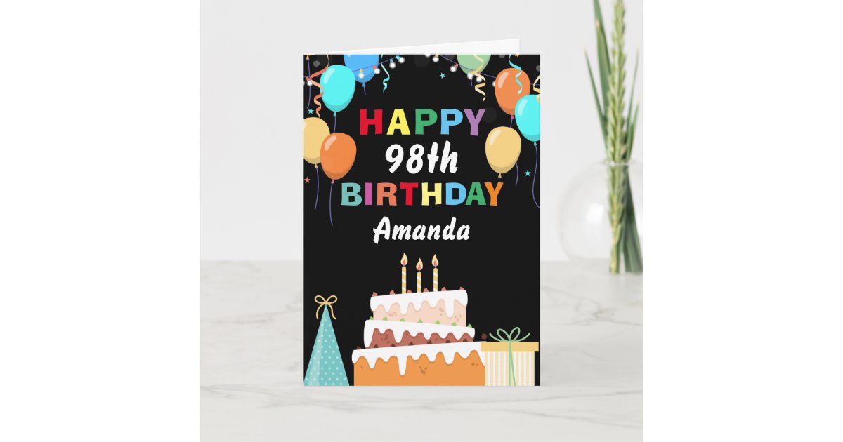 98th Happy Birthday Colorful Balloons Cake Black Card | Zazzle