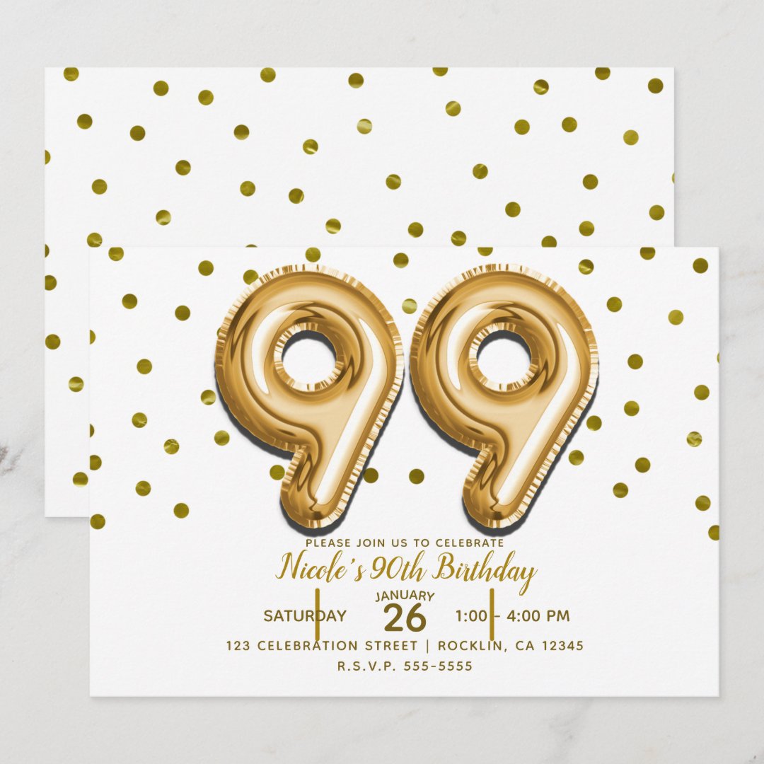 99 Gold Balloons & Confetti 99th Birthday Party Invitation | Zazzle